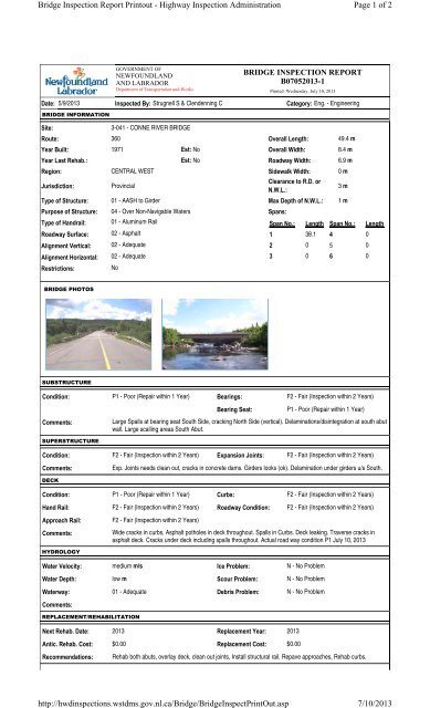 Page 1 of 2 Bridge Inspection Report Printout - Highway Inspection ...