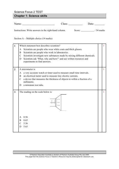 Science Focus 2 - Chapter Tests - Pearson Australia Media Resources