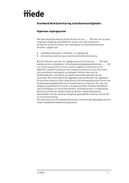 ARBO - Voorbeeld beleidsverklaring voor website MEDE