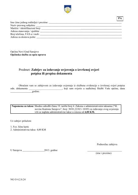 Zahtjev za izdavanje uvjerenja o izvrÅ¡enoj ovjeri - OpÄ ina Novi grad ...