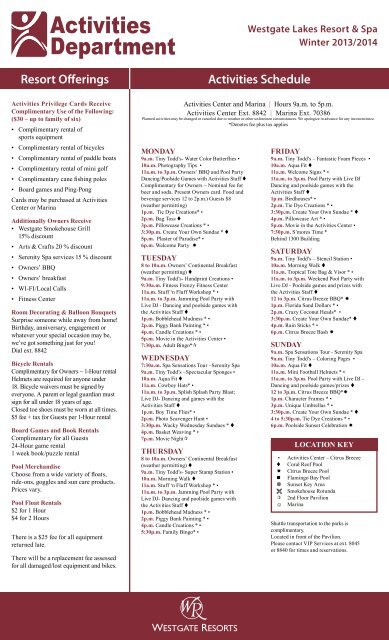 ACTIVITIES SCHEDULE - Westgate Lakes Resort and Spa