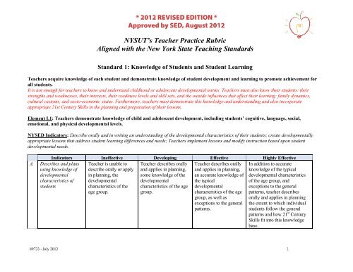 NYSUT Teacher Practice Rubric 2012 Revised Edition.