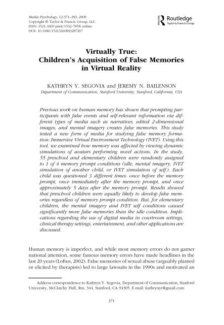 Virtually true: Children's acquisition of false memories in virtual reality