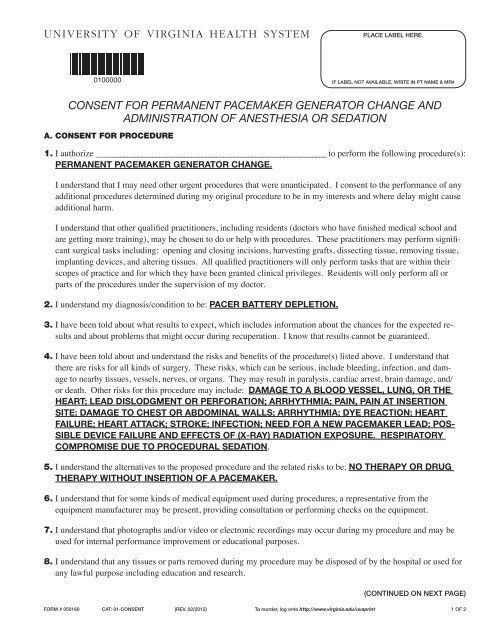 consent for permanent pacemaker generator change - University of ...