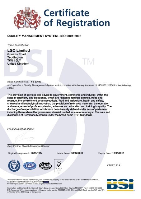 BSI Certificate - LGC Standards Proficiency Testing