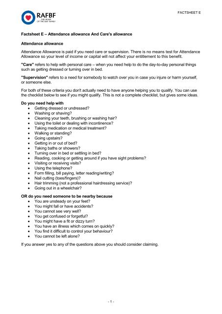Factsheet E Attendance Allowance And Care s Allowance 