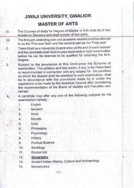M.A. Geography Previous Syllabus - Jiwaji University
