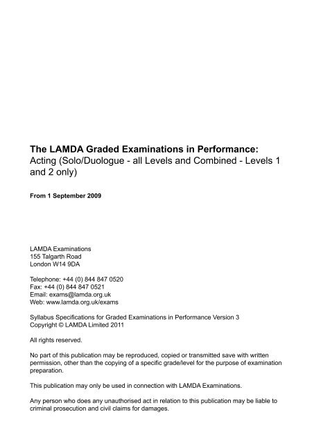 The LAMDA Graded Examinations in Performance: Acting (Solo ...