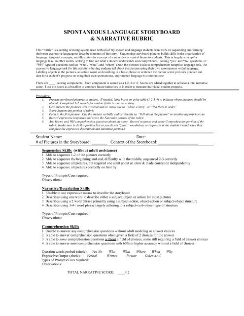 SPONTANEOUS LANGUAGE STORYBOARD & NARRATIVE RUBRIC