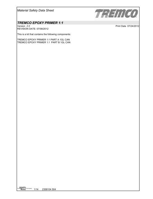 Tremco Epoxy Primer MSDS - Tremco Sealants