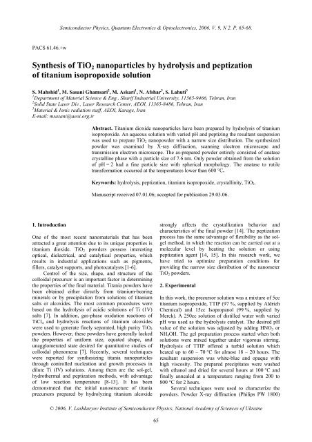 Synthesis of TiO2 nanoparticles by hydrolysis and peptization of ...