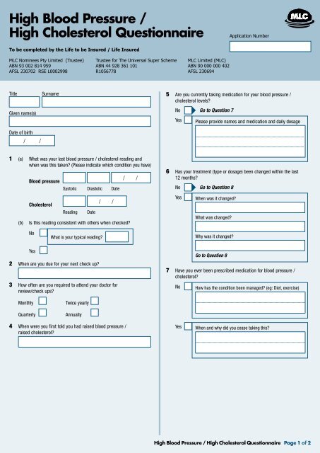 High Blood Pressure / High Cholesterol Questionnaire - MLC