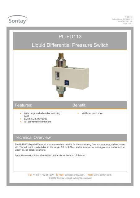 PL-FD113 Liquid Differential Pressure Switch - Sontay