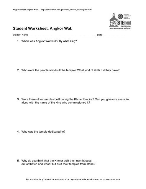 Worksheet, Angkor Wat. - EDSITEment