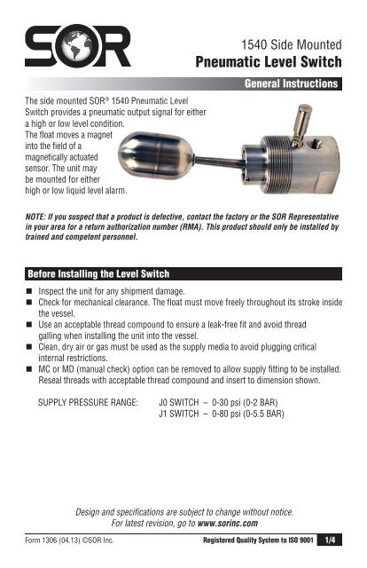 1540 Side Mounted Pneumatic Level Switch (Form GI1306) - SOR Inc.