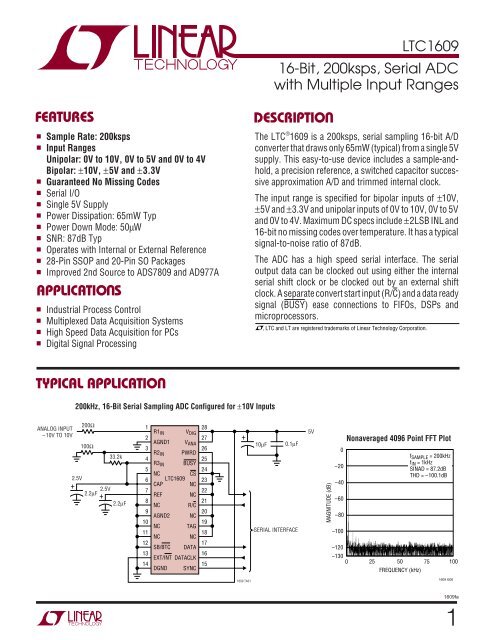 LTC1609 - 16-Bit, 200ksps, Serial Sampling ADC - Linear Technology