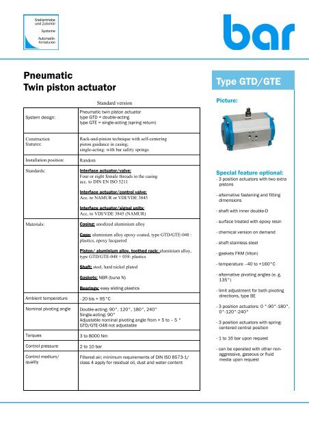 Pneumatic Twin piston actuator Type GTD/GTE - bar GmbH