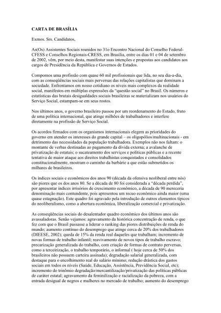 CARTA DE BRASÍLIA Exmos. Srs. Candidatos, As(Os ... - CFESS