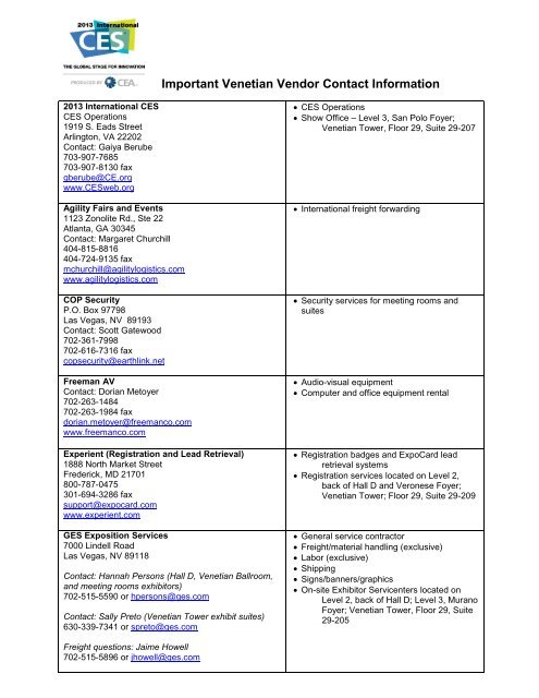 Important Contact Information - CES