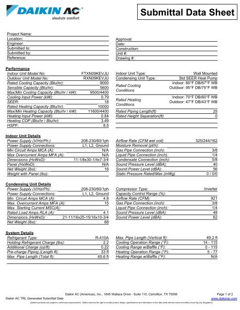 Submittal Data Sheet - Daikin AC