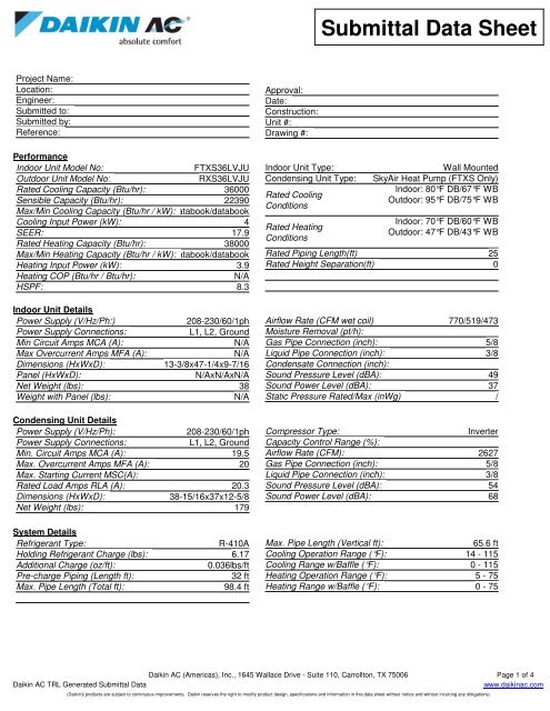 Submittal Data Sheet - Daikin AC