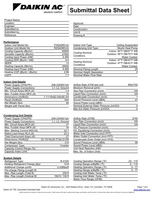 Submittal Data Sheet - Daikin AC