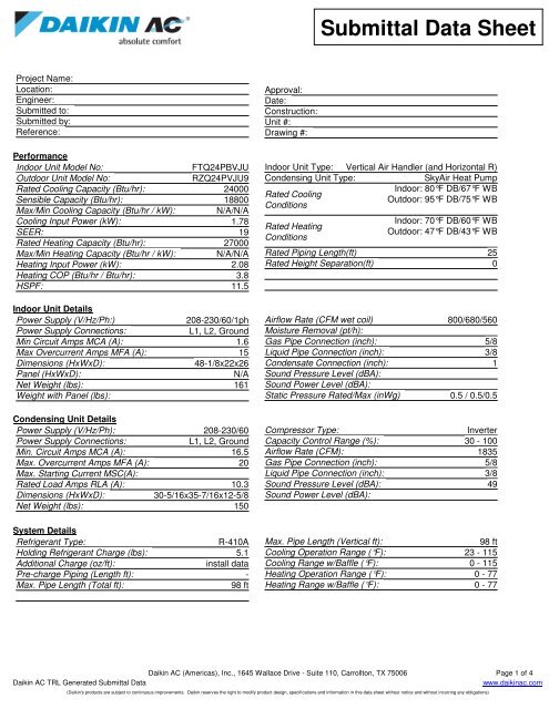 Submittal Data Sheet - Daikin AC