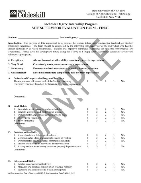 Sample Final Site Supervisor Evaluation
