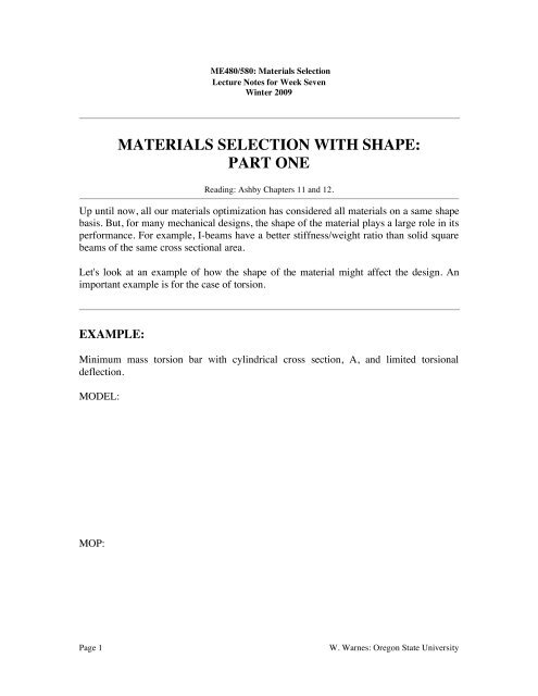 materials selection with shape: part one - Oregon State University