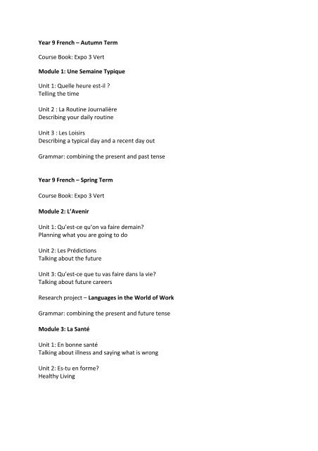 Year 9 French â Autumn Term Course Book: Expo 3 Vert Module 1 ...