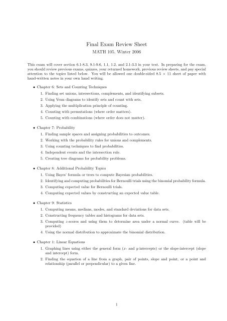 Final Exam Review Sheet