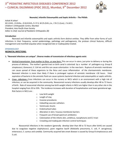 Neonatal, Infantile Osteomyelitis and Septic Arthritis - Pediatric Oncall