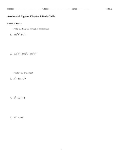 Accelerated Algebra Chapter 8 Study Guide