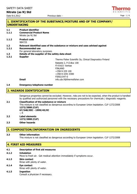 SAFETY DATA SHEET Nitrate (as N) Std 1. IDENTIFICATION OF ...
