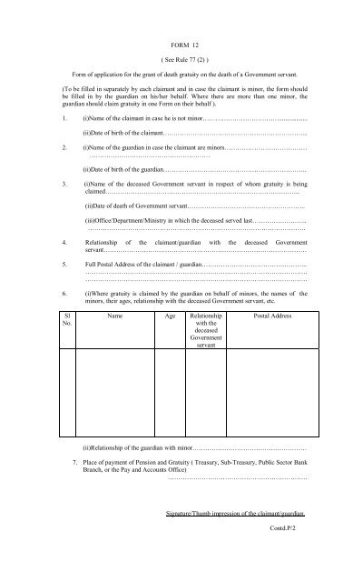 Form of application for the grant of death gratuity on the death of a ...