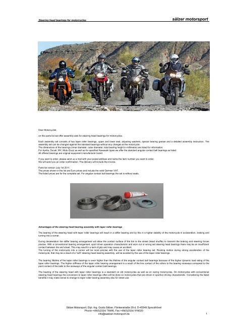 Sälzer Motorsport Steering Head bearings For Motorcycles