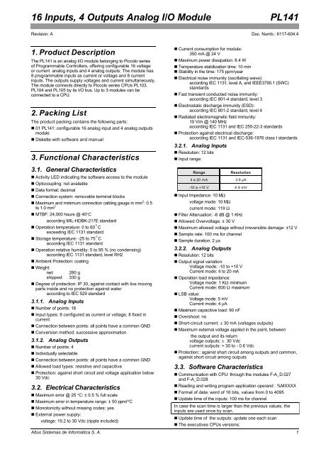 16 Inputs, 4 Outputs Analog I/O Module PL141 - Altus