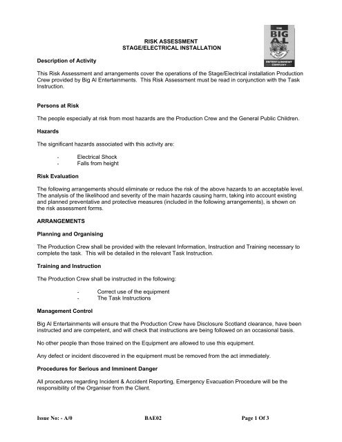 Risk Assessment - Stage Electrical Installation - The BIG AL ...