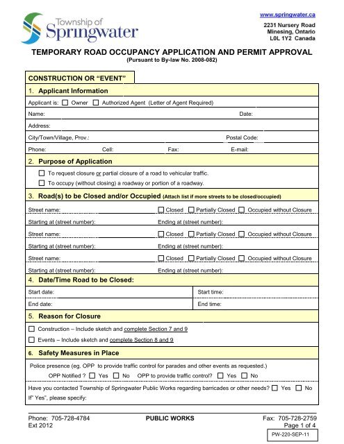 Temporary Road Occupancy Application & Permit - Township of ...