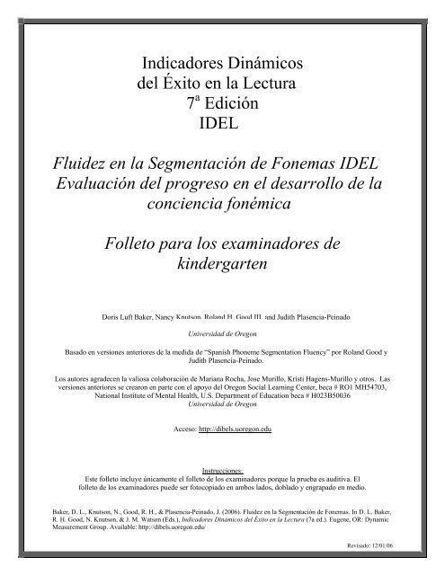 Fluidez en la Segmentación de Fonemas IDEL® Evaluación ... - Dibels