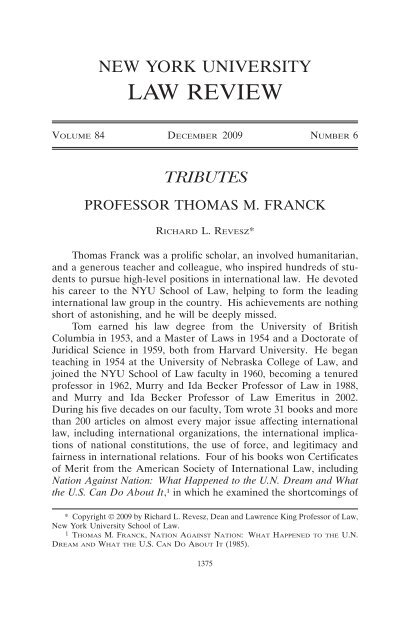 Professor Thomas M. Franck - NYU Law Review