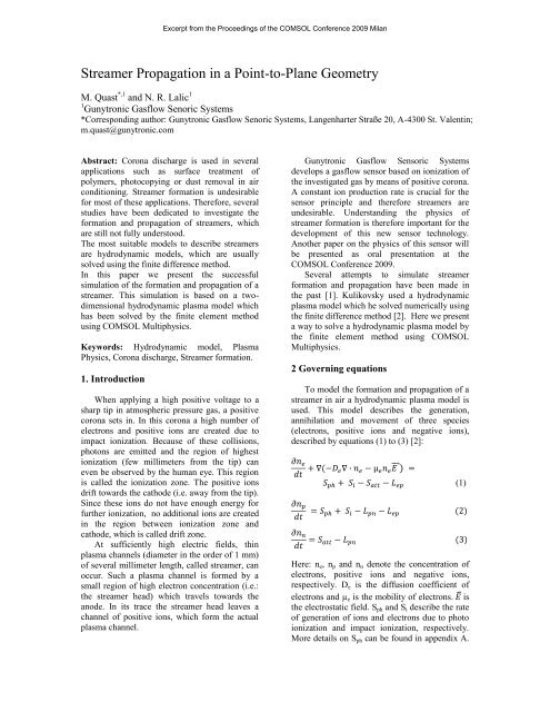 Streamer Propagation in a Point-to-Plane Geometry - Comsol