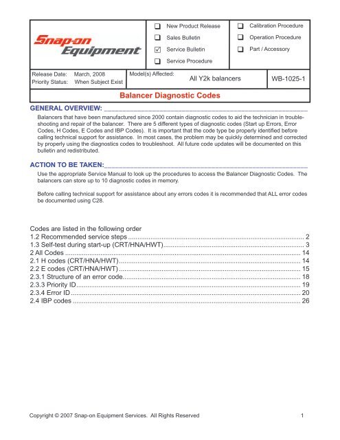 Balancer Diagnostic Codes - Snap-on Equipment