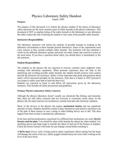 Physics Laboratory Safety Handout