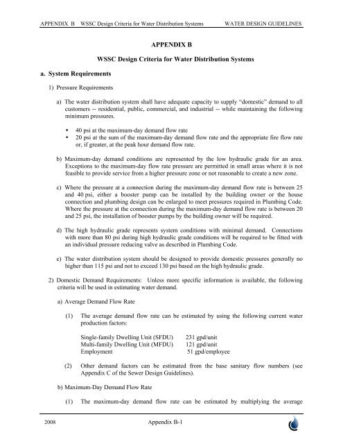 APPENDIX B WSSC Design Criteria for Water Distribution Systems ...