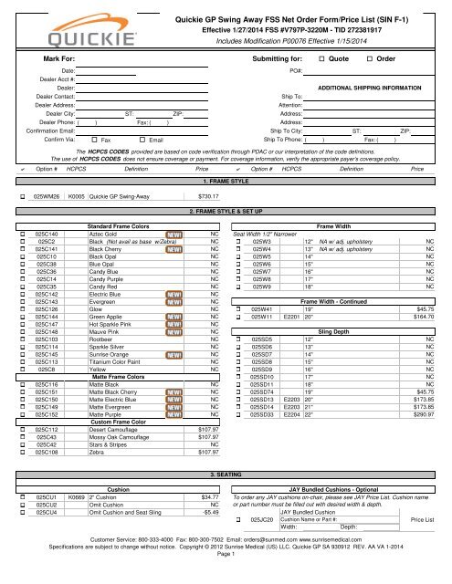 Quickie GP-Swing Away FSS Net Order Form ... - Sunrise Medical