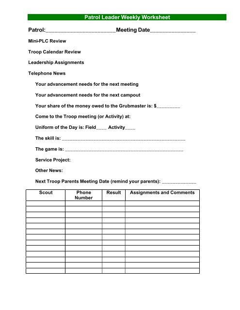 Patrol Leader Weekly Worksheet Patrol: Date - Boy Scout Troop 957