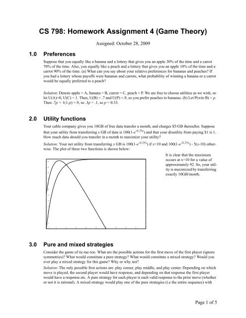 Cs 798 Homework Assignment 4 Game Theory