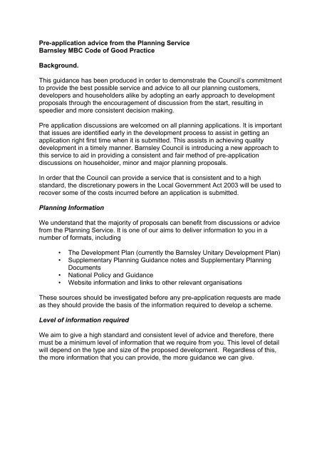 Pre-application advice from the Planning Service Barnsley