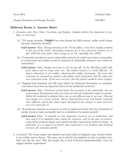 Midterm Exam 1: Answer Sheet